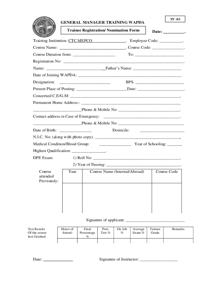 Fillable Online GENERAL MANAGER TRAINING WAPDA Date: ... Fax Email ...