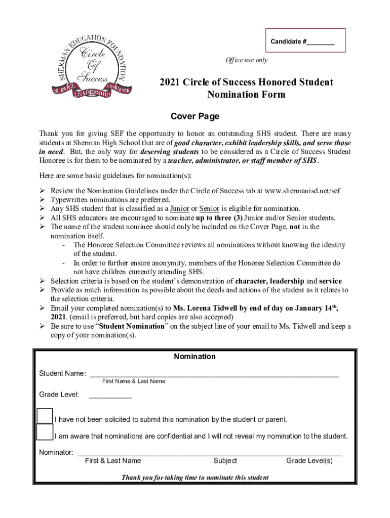 Fillable Online Circle of Success Honored Student Nomination Form Fax ...