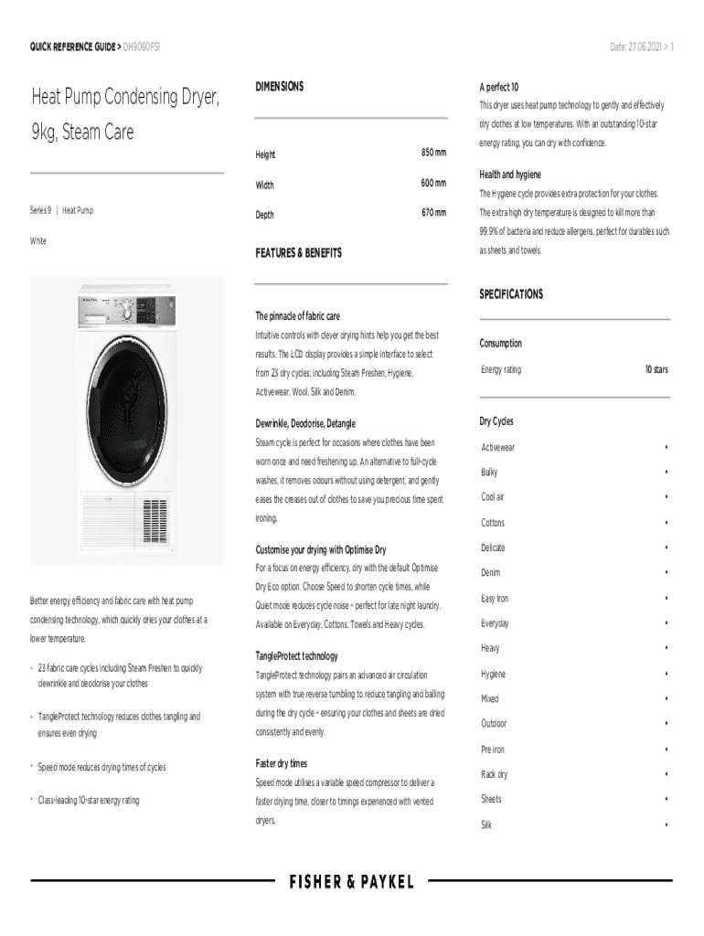 Fillable Online DH9060FS1 - Fisher & Paykel - Specifications Sheet Fax Email Print - pdfFiller