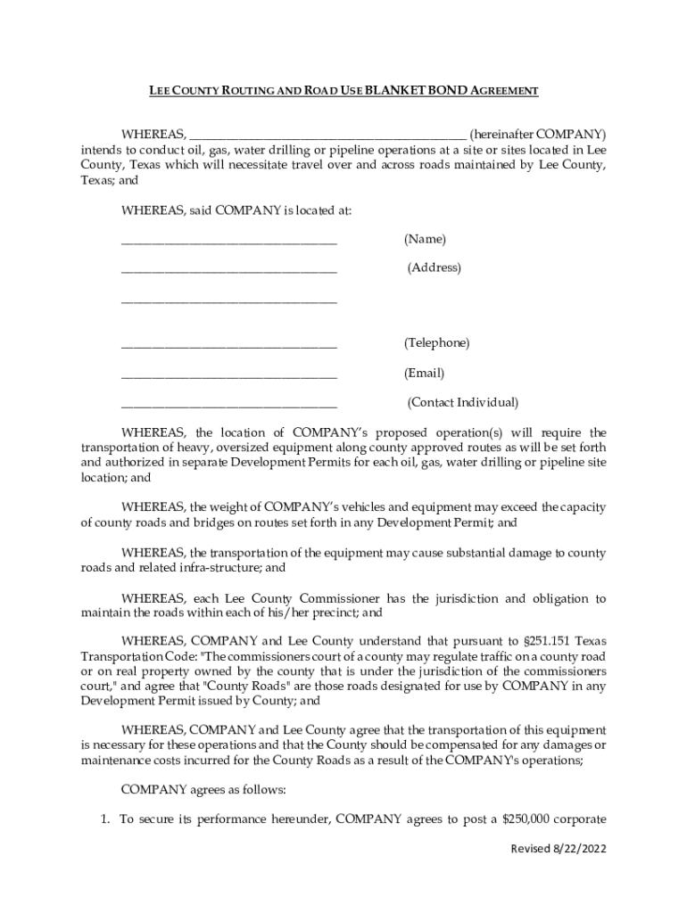Fillable Online lee county routing and road use blanket bond agreement ...