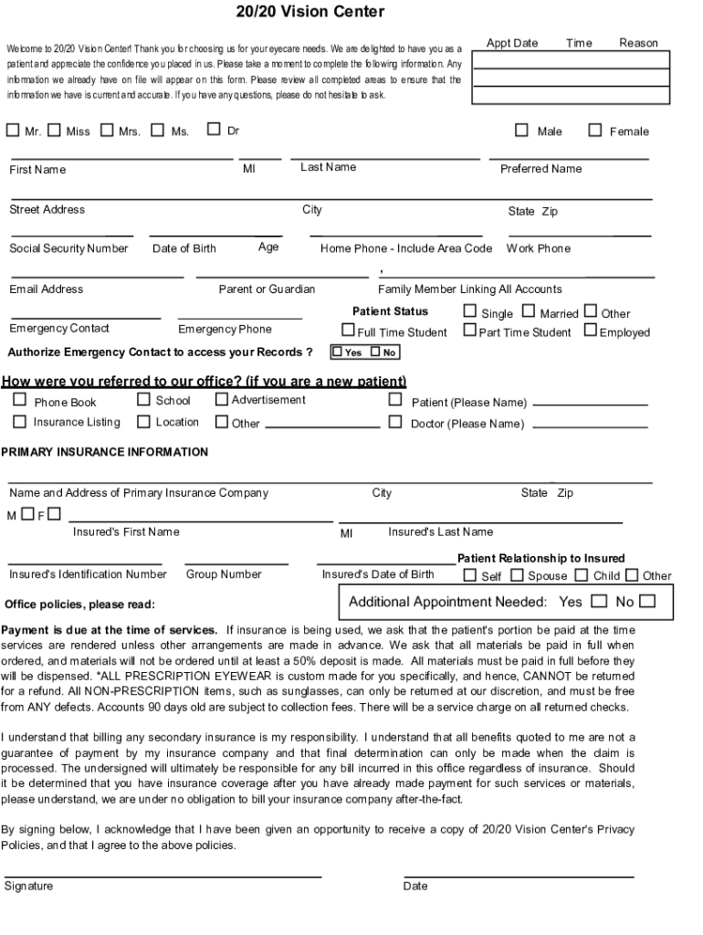 Fillable Online New Patient Form - 20-20 Eyecare Fax Email Print - pdfFiller