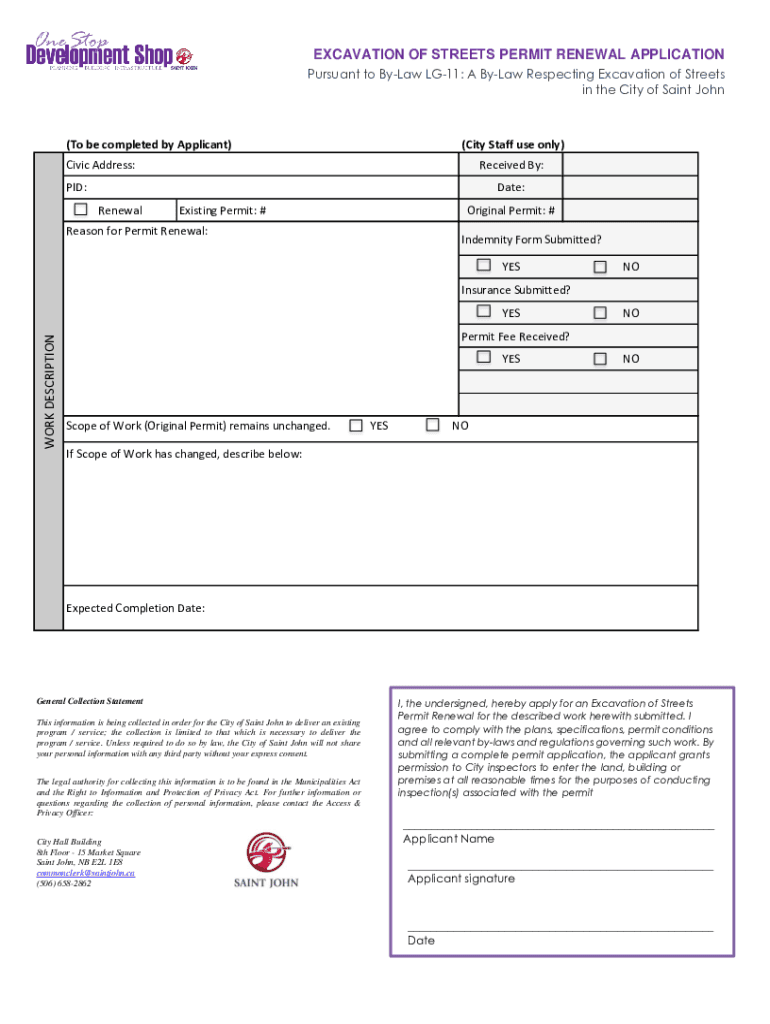 Fillable Online Excavation of Streets Permit Renewal Application Fax ...