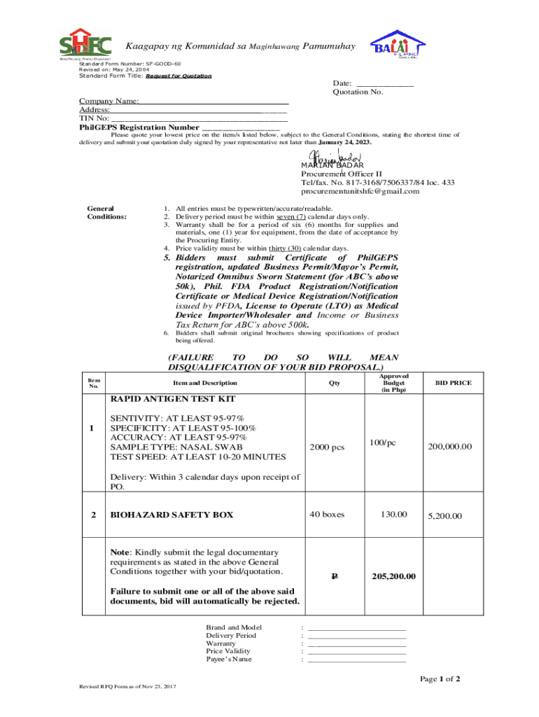 Fillable Online delivery and submit your quotation duly signed by your ...