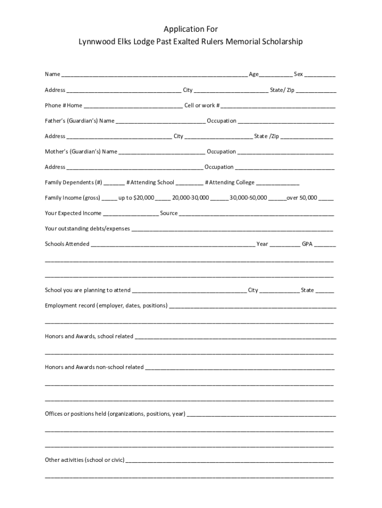 Fillable Online Application For Lynnwood Elks Lodge Past Exalted Rulers ...