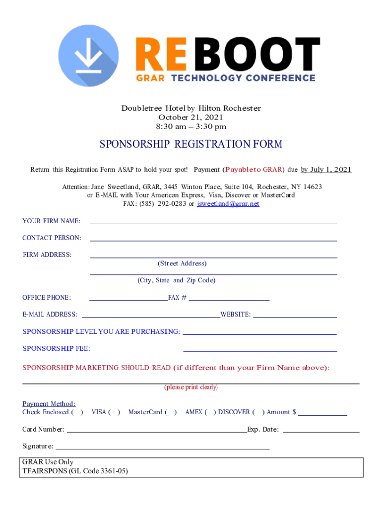 Fillable Online 2021 GRAR Reboot Tech Con Sponsor Registration Form ...