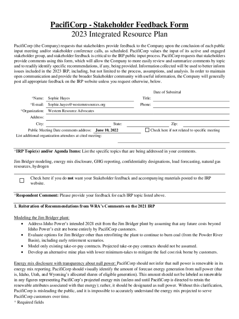 Fillable Online Jim Bridger modeling, energy mix disclosure, GHG ...