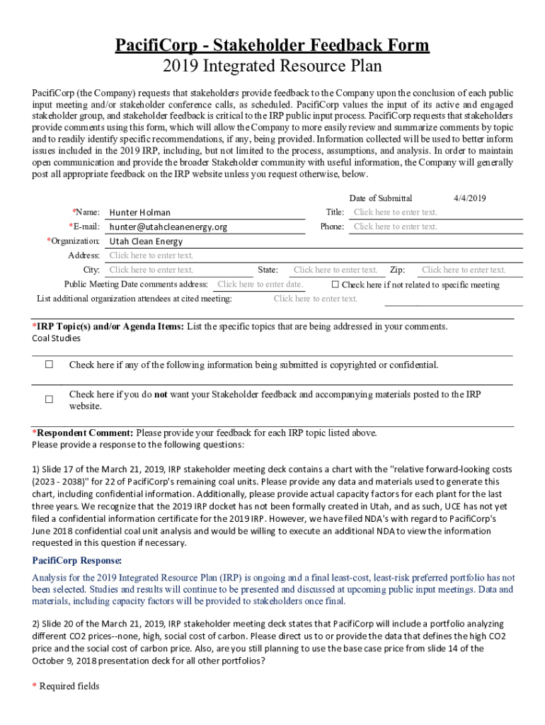 Fillable Online Stakeholder Feedback Form 2019 Integrated Resource Plan ...