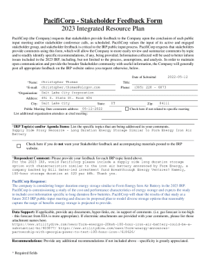 Fillable Online Stakeholder Feedback Form 2023 Integrated Resource Plan ...