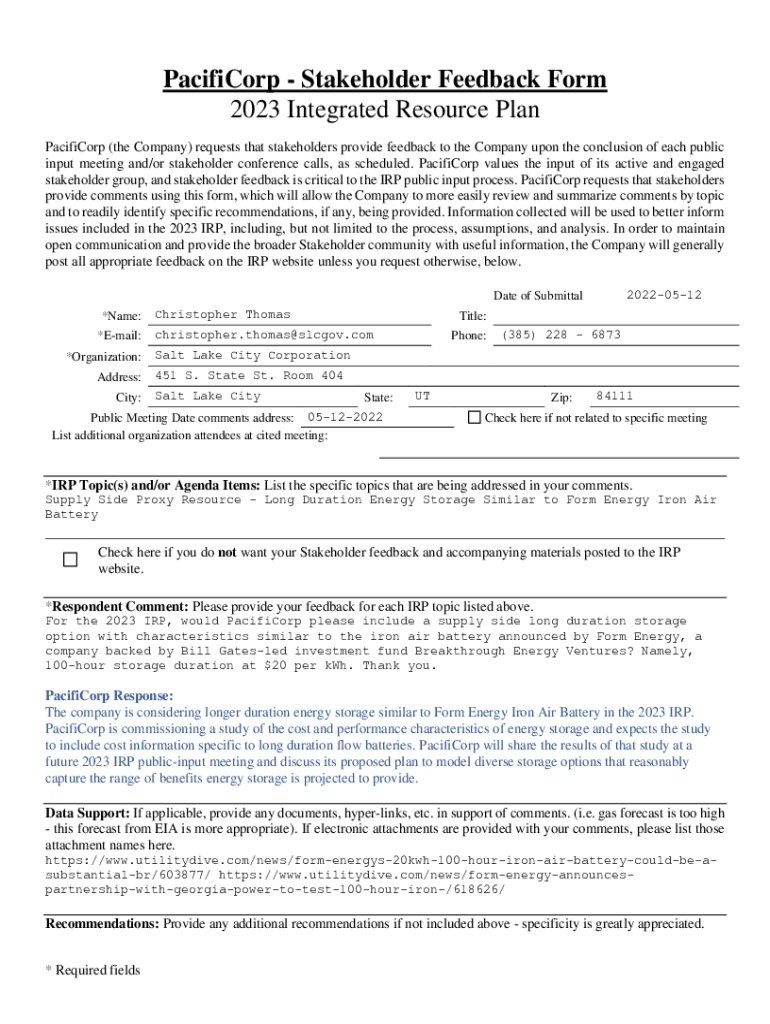 Fillable Online Stakeholder Feedback Form 2023 Integrated Resource Plan ...