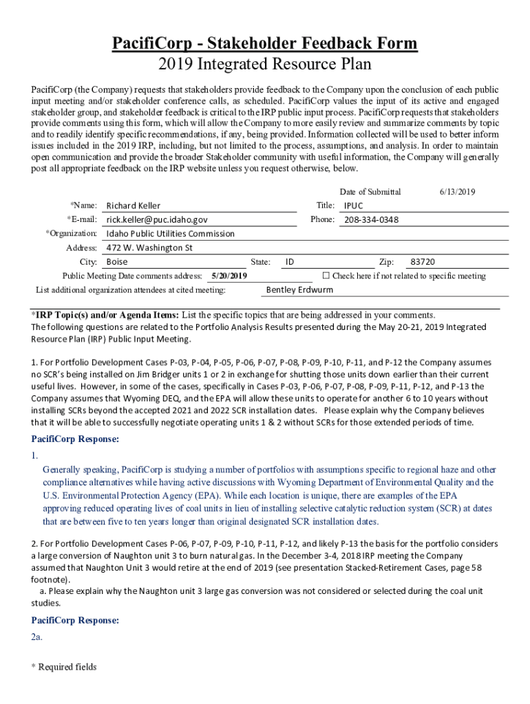 Fillable Online Stakeholder Feedback Form 2021 Integrated Resource Plan ...