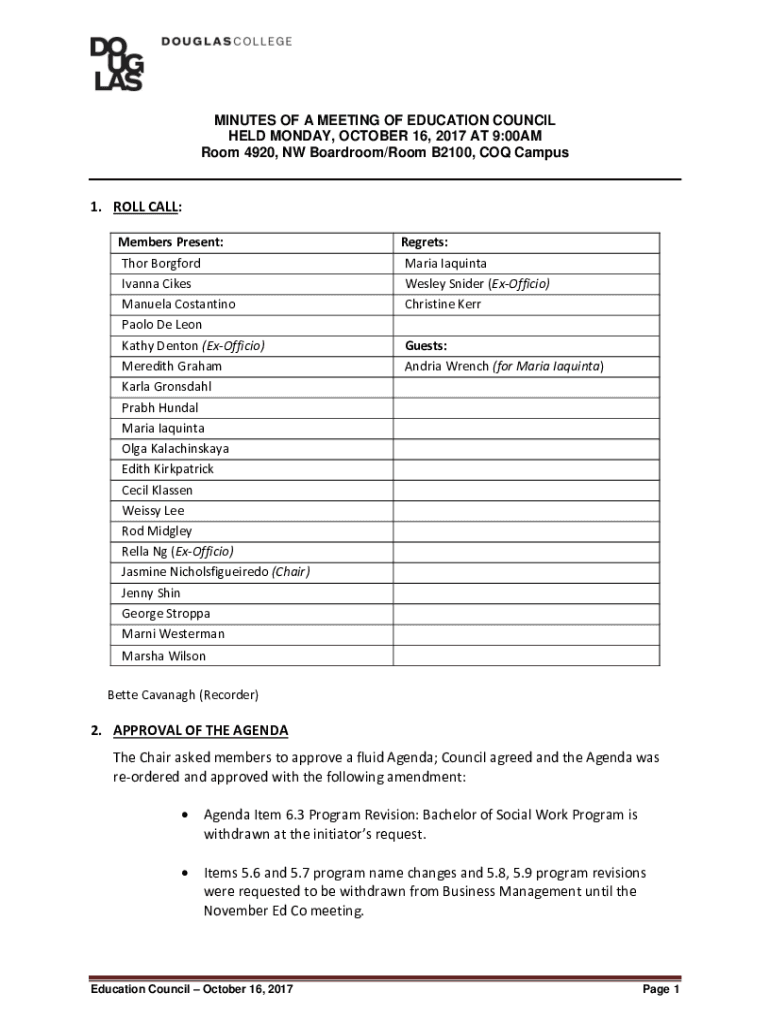 Fillable Online 2. APPROVAL OF THE AGENDA The Chair asked members to ...