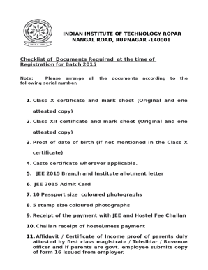 140001 (Punjab) Checklist for Documents Required at the ... Doc ...