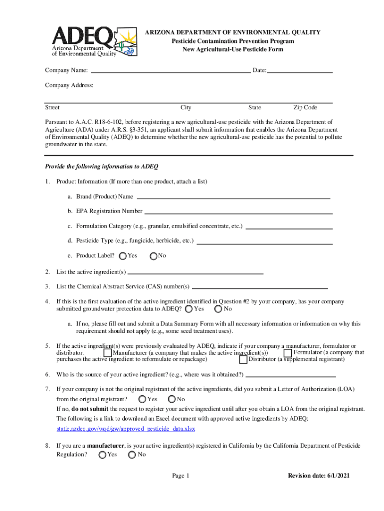 Fillable Online New Agricultural-Use Pesticide Form - ADEQ Fax Email ...
