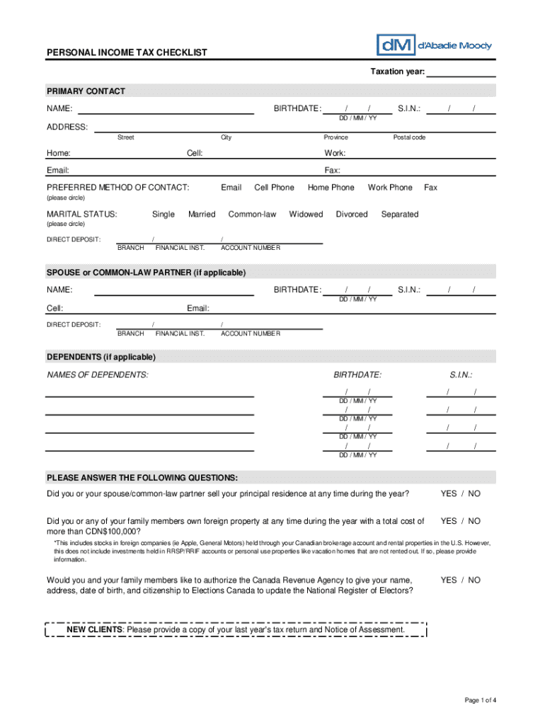 Fillable Online PERSONAL INCOME TAX CHECKLIST Fax Email Print - pdfFiller