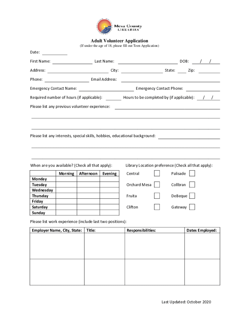 Fillable Online Adult Volunteer Application - Mesa County Libraries Fax ...