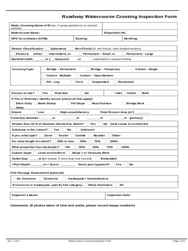 Roadway Watercourse Crossing Inspection s. s Doc Template | pdfFiller