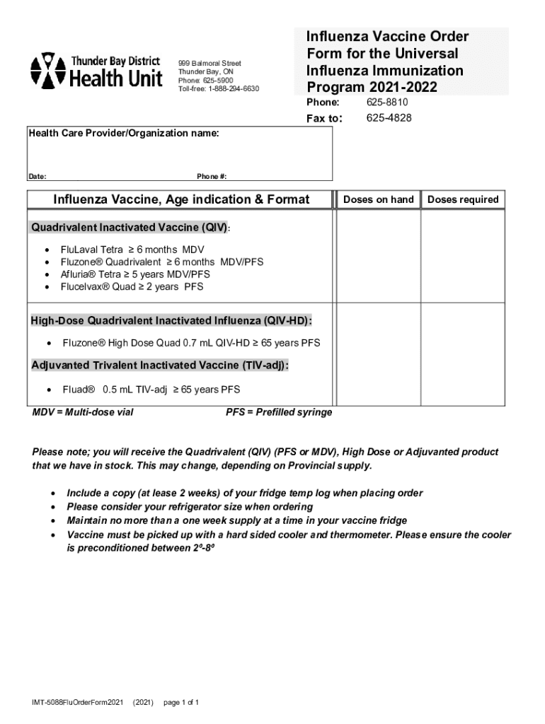 Fillable Online Influenza Vaccine Order Form for the Universal ... Fax ...
