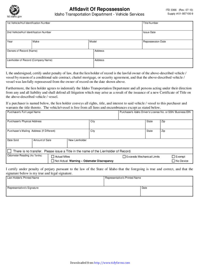 Fillable Online Affidavit of Repossess of Motor Vehicle Fax Email Print ...