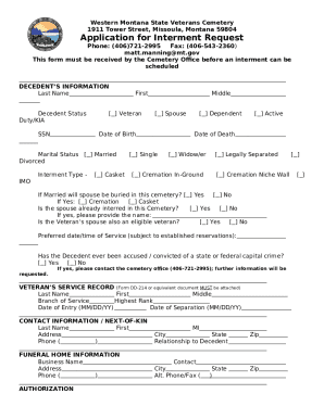 APPLICATION FOR INTERMENT REQUEST - DMA - dma mt Doc Template | pdfFiller