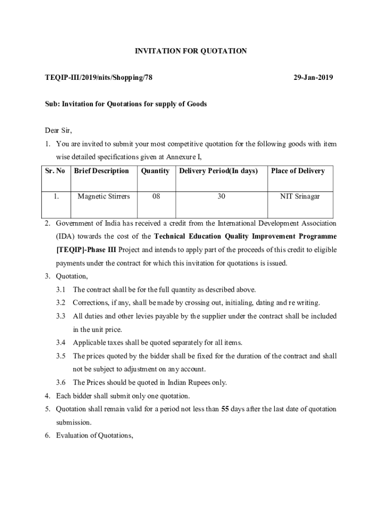 Fillable Online Invitation for Quotations for supply of Goods Dear Sir ...