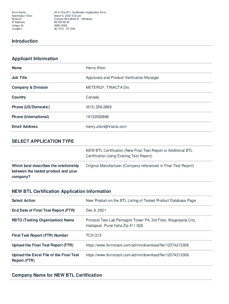 Fillable Online All in One BTL Certification Application Form Fax Email ...