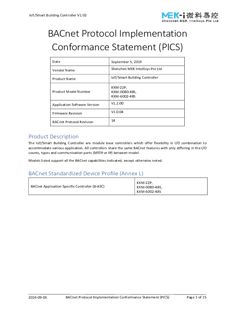 Fillable Online BACnet Protocol Implementation Conformance Statement (PICS). Smart gateway, SG ...
