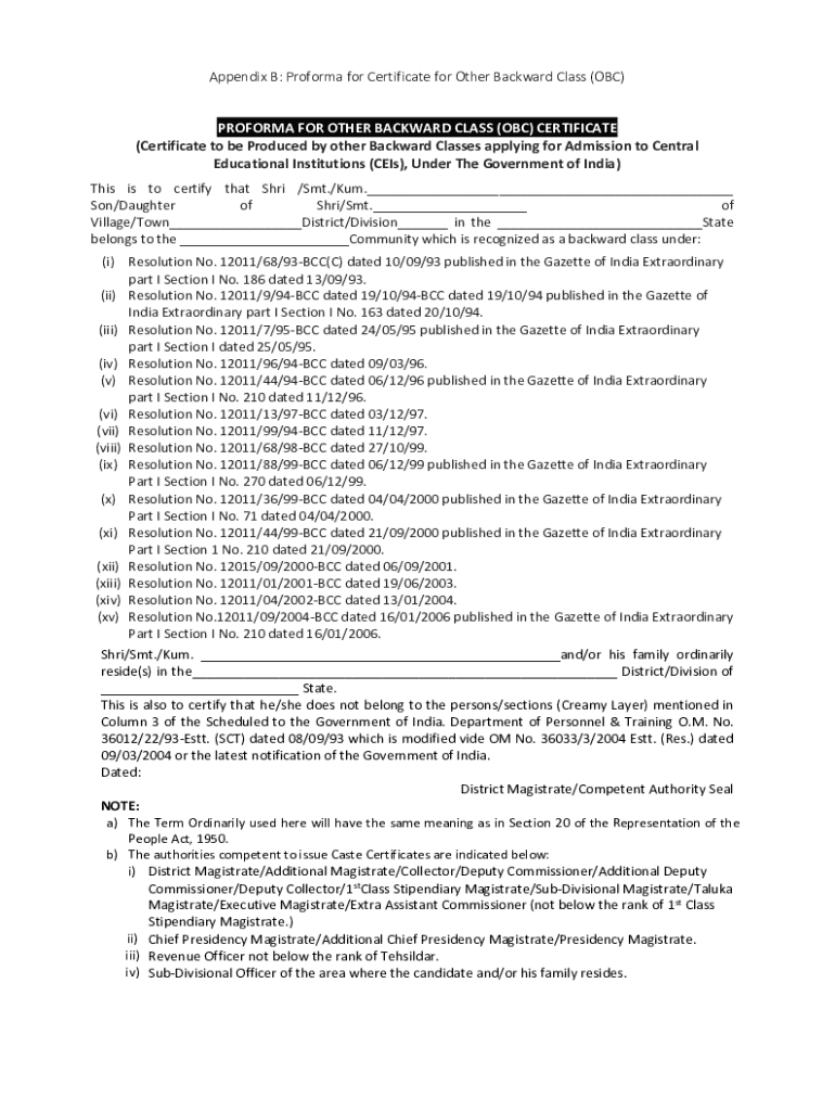Fillable Online form of certificate to be produced by other backward ...