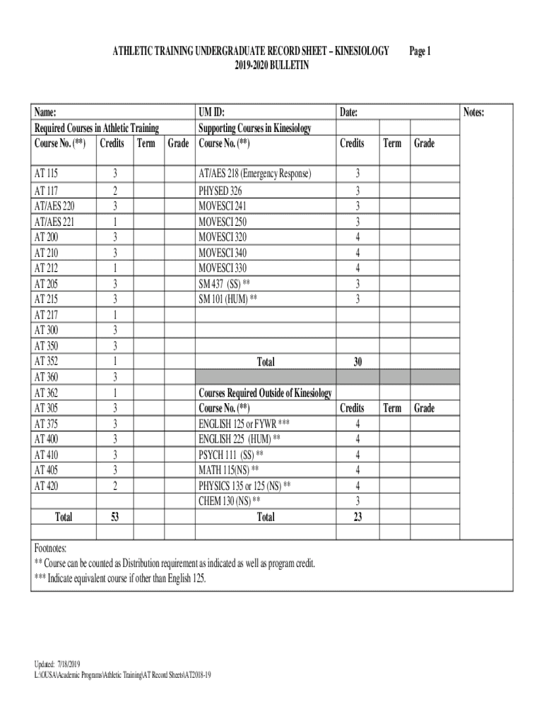 Fillable Online ATHLETIC TRAINING UNDERGRADUATE RECORD SHEET Fax Email ...