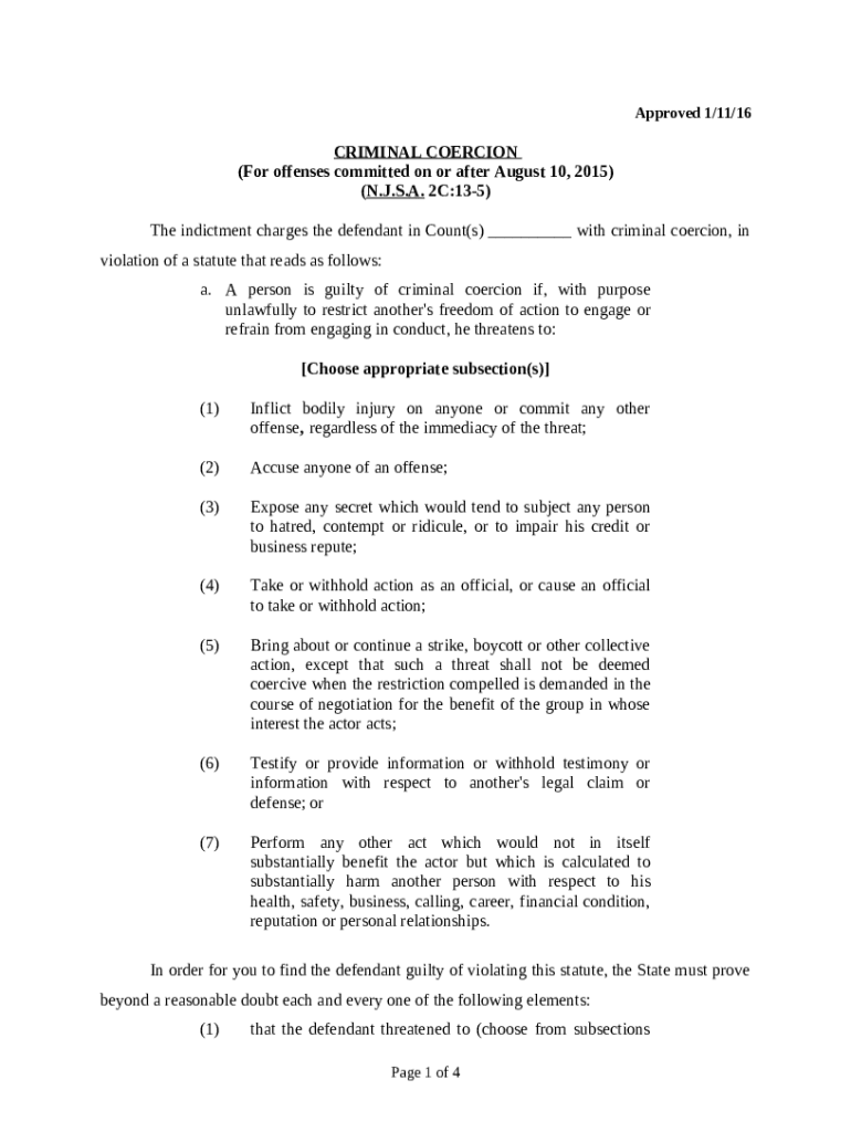 Criminal Coercion in New Jersey - N.J.S.A. 2C:13-5 Doc Template | pdfFiller
