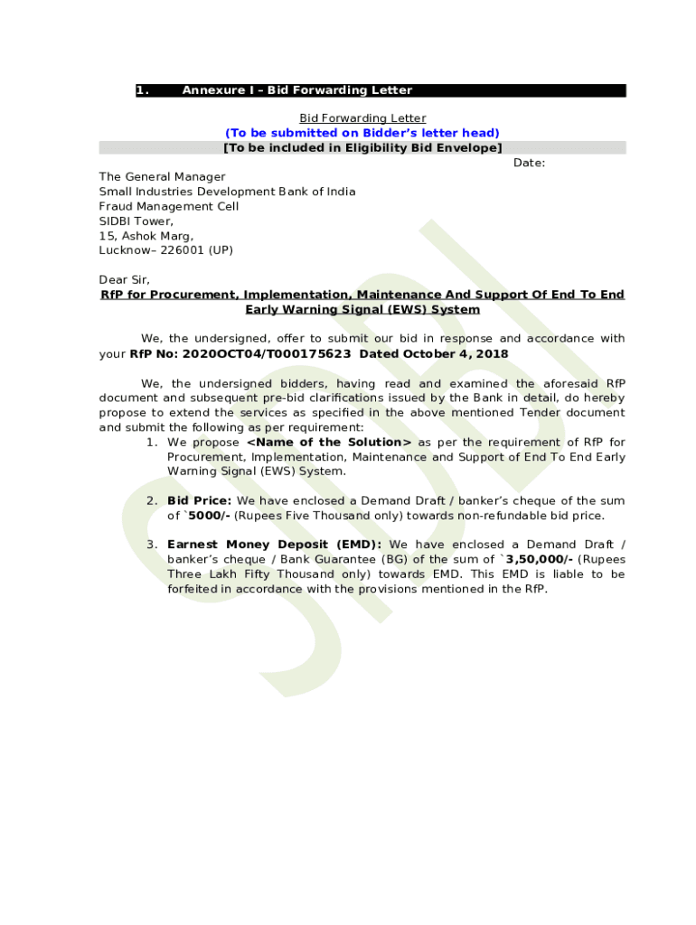 Annexure I - Bid Forwarding Letter Doc Template | pdfFiller