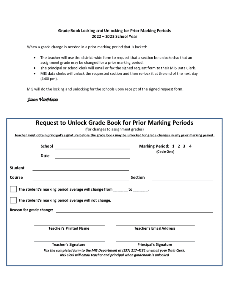 Fillable Online Request to Unlock Grade Book for Prior Marking Periods ...