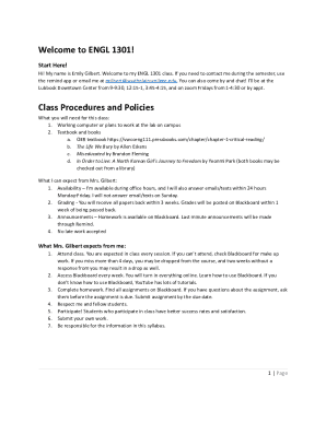 Fillable Online Welcome to ENGL 1301! Class Procedures and Policies ...