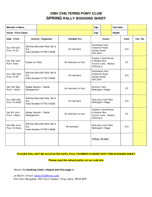 Fillable Online branches pcuk spring Rally booking sheet - The Pony ...