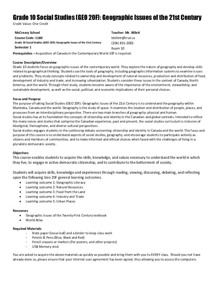 Fillable Online Grade 10 Social Studies (GEO 20F): Geographic Issues of ...