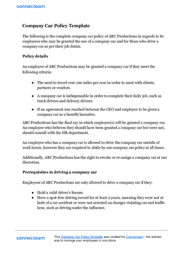 Fillable Online Company Car Policy Template - Workable resources Fax ...