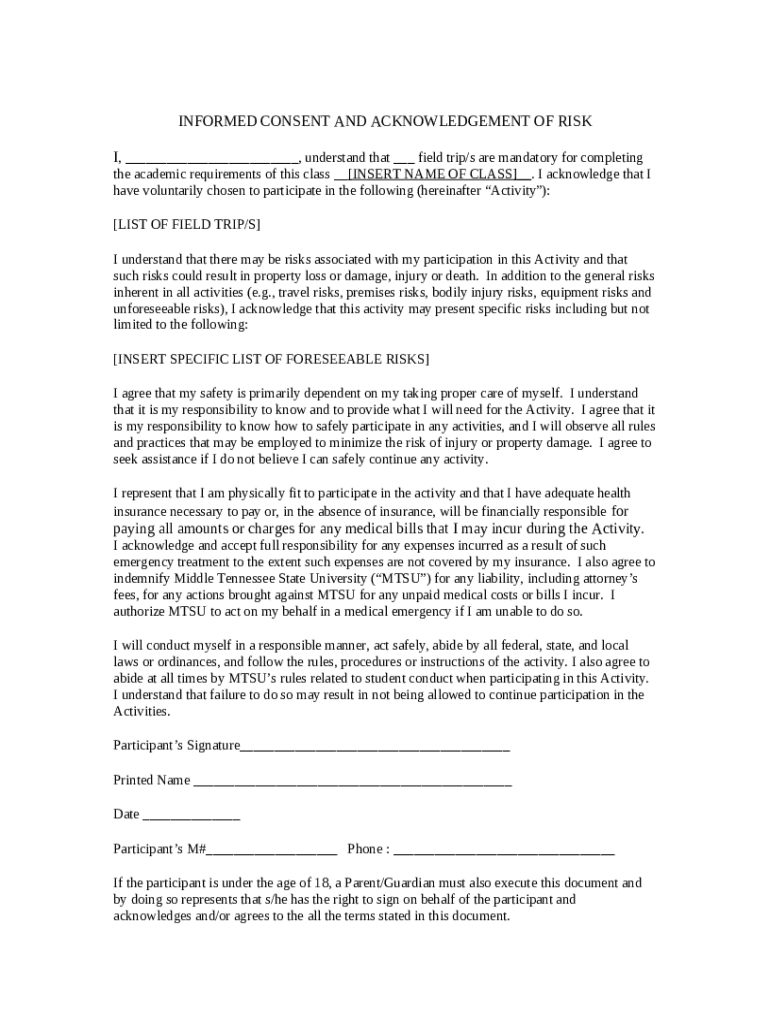 Ined Consent and Assumption of Risk Doc Template | pdfFiller