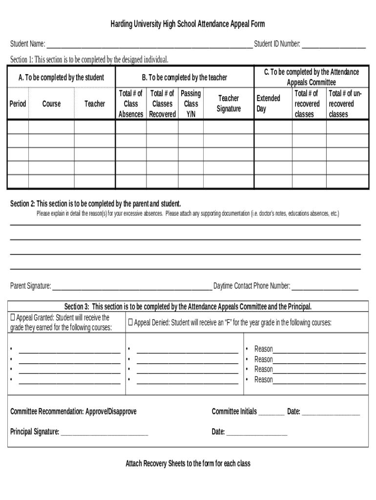 Harding University High School Attendance Appeal Doc Template PdfFiller