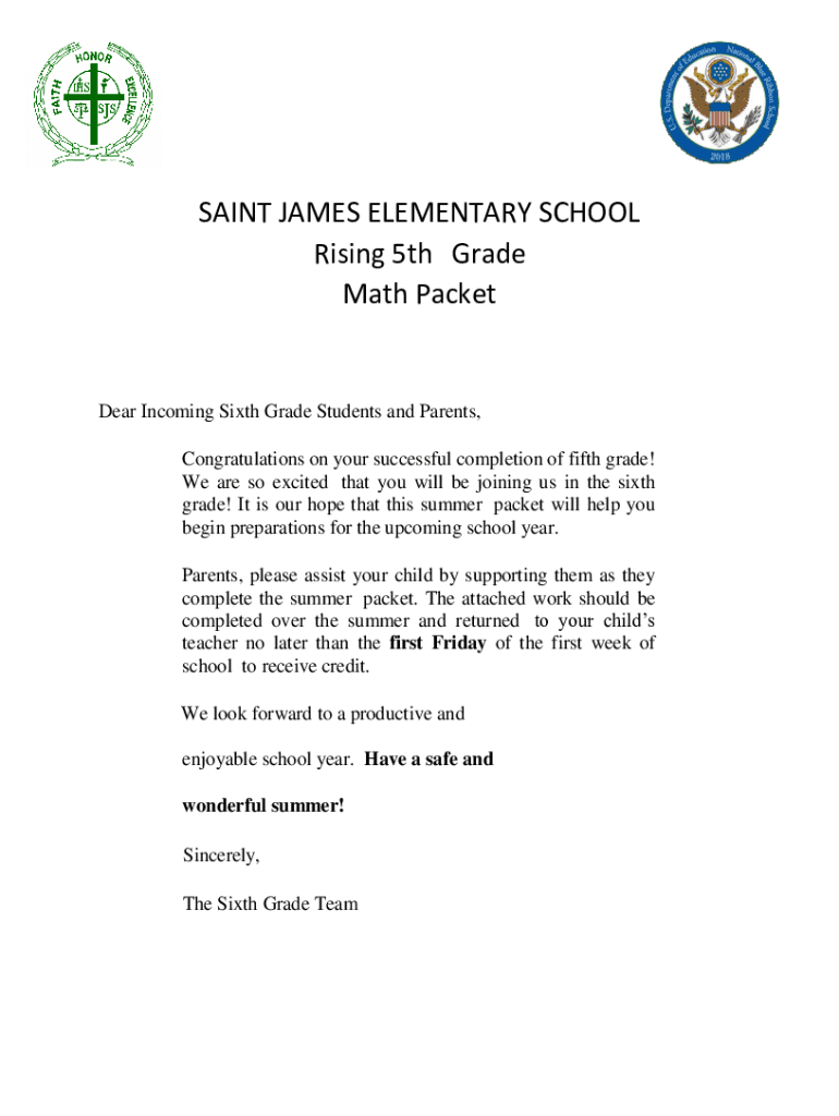 Fillable Online Fifth Grade - St. Hugo of the Hills Catholic School Fax ...