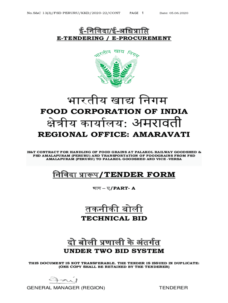Fillable Online E-Tender Document - Food Corporation of India Fax Email ...