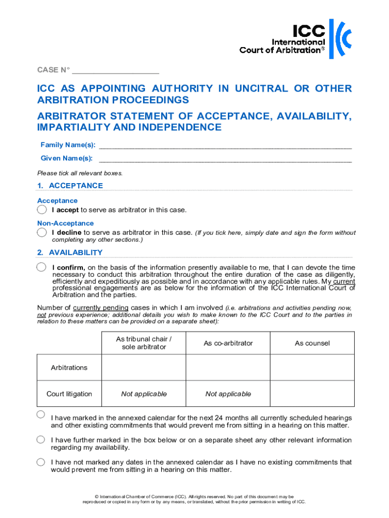 Fillable Online ICC as Appointing Authority Arbitrator Statement ...
