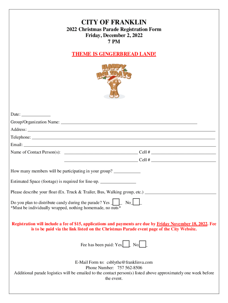 Fillable Online CITY OF FRANKLIN 2022 Christmas Parade Registration ...
