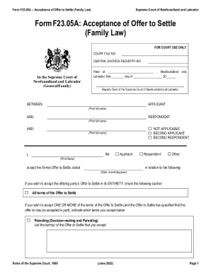 Fillable Online Form F23.05A: Acceptance of Offer to Settle (Family Law ...