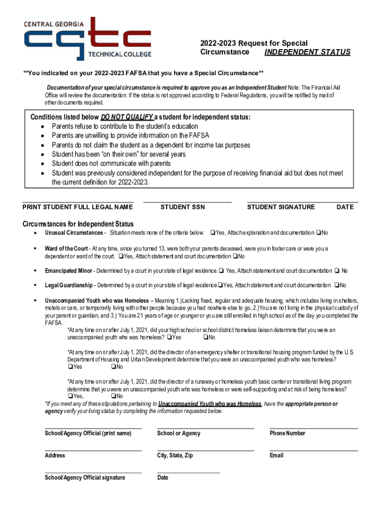 Fillable Online 22-23 Request for Special Circumstance - Independent ...