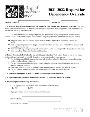 Fillable Online 2021-2022 Request for Dependency Override Form Fax ...