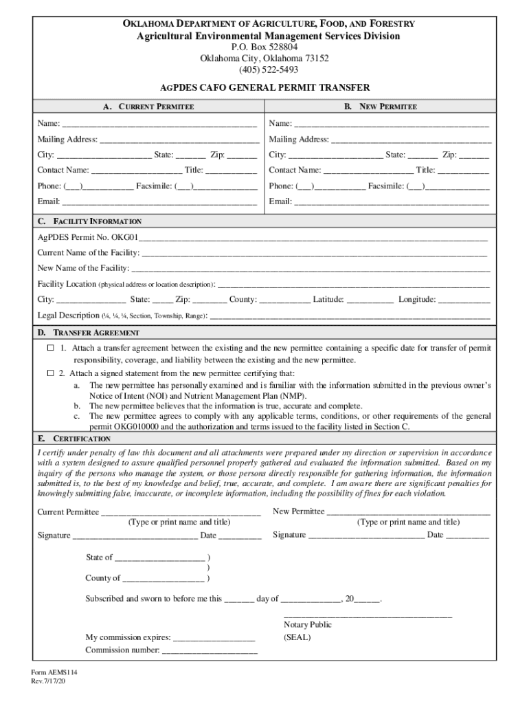 Fillable Online ag ok Form AEMS114 "Agpdes Cafo General Permit Transfer" Fax Email Print - pdfFiller