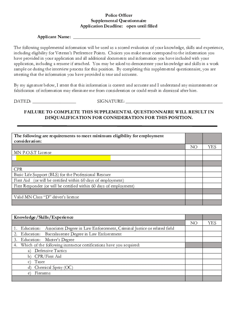 Fillable Online Police Officer Supplemental Questionnaire Application Fax Email Print - pdfFiller