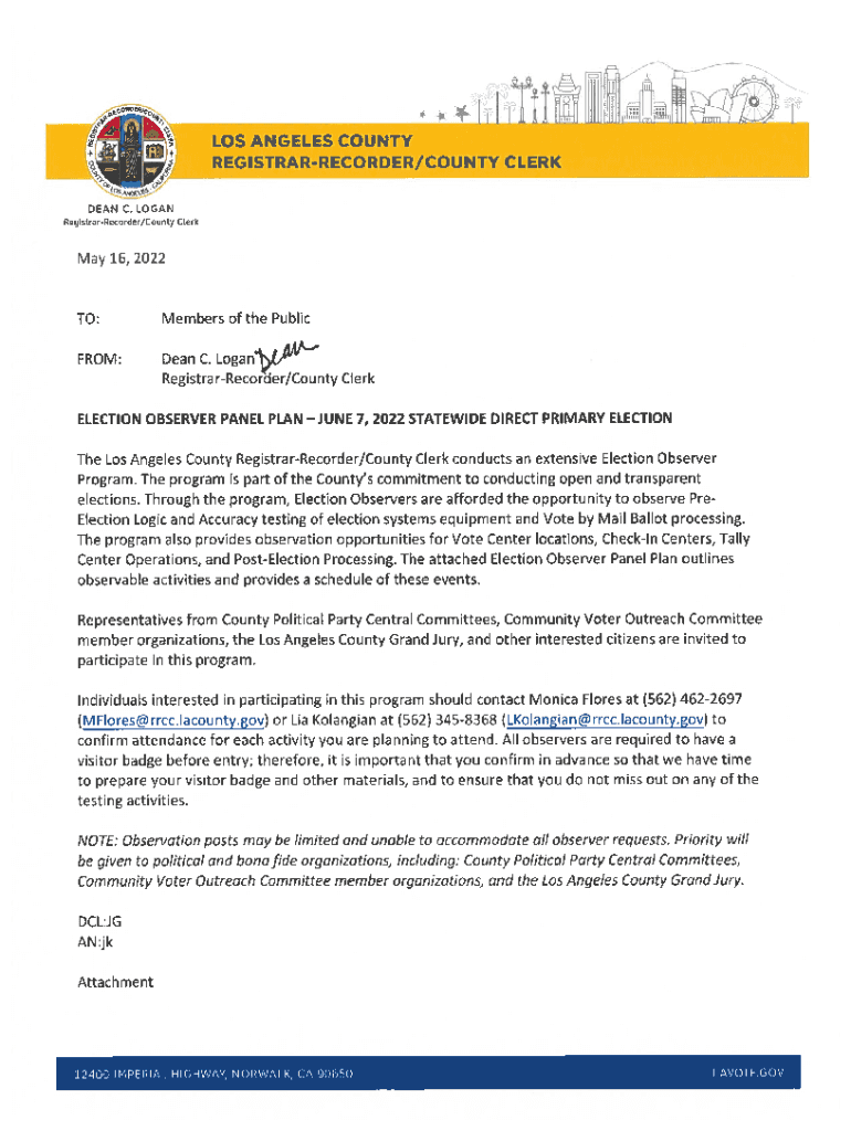 Fillable Online ELECTION OBSERVER PANEL PLAN STATEWIDE DIRECT ... Fax ...