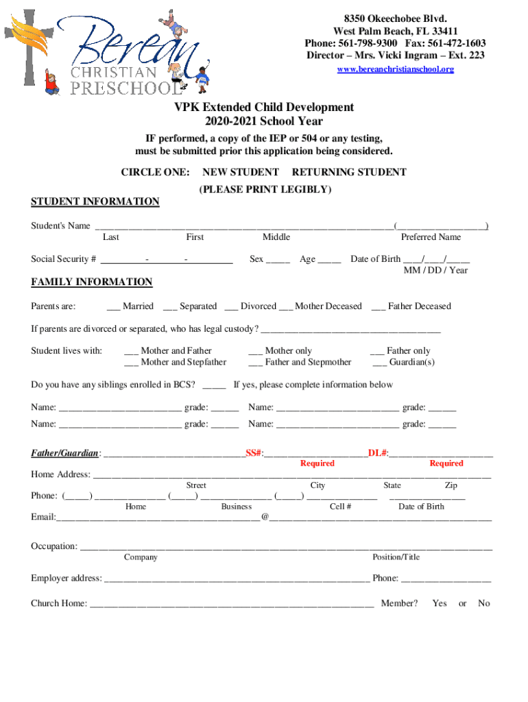 Fillable Online Berean Christian School - private school in West Palm ...