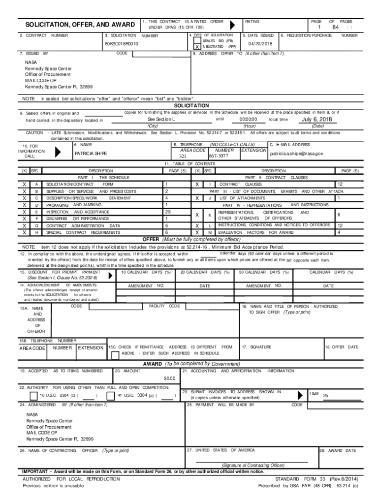 Fillable Online Solicitation, Offer, and Award. Standard form -Award ...