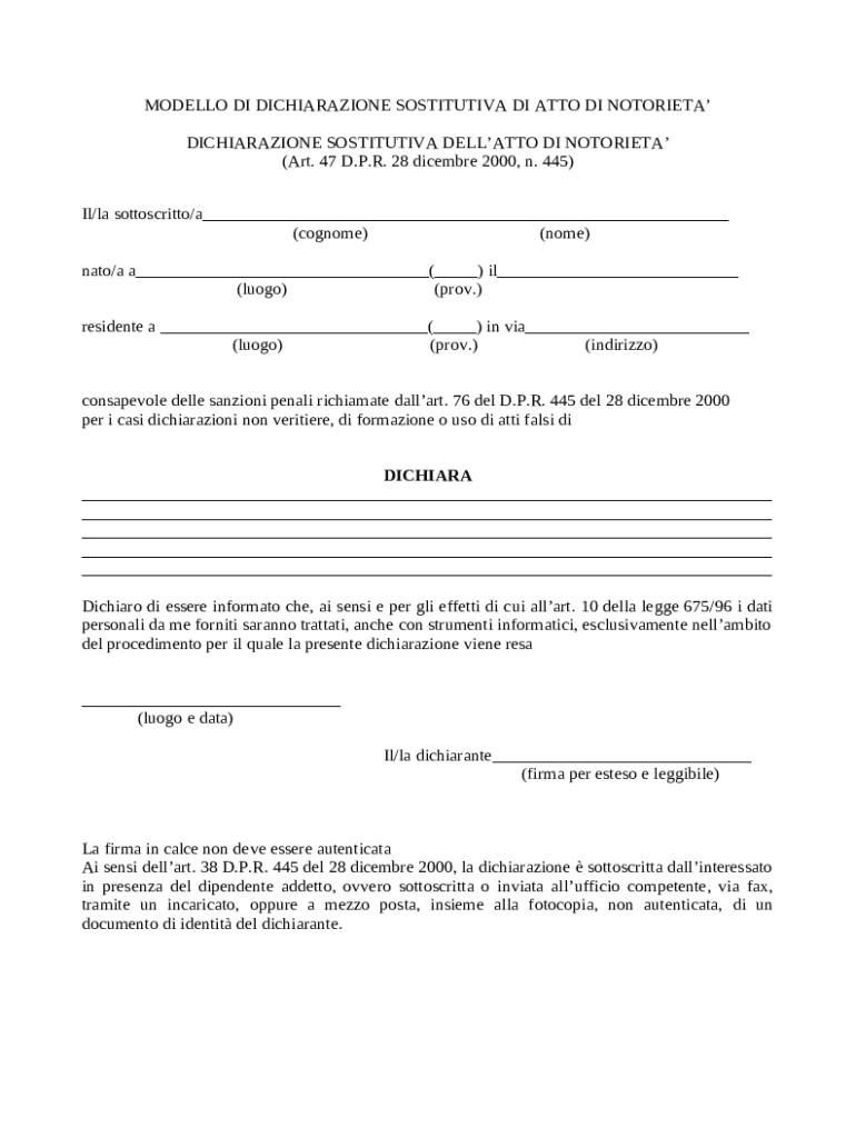 MODELLO DI DICHIARAZIONE SOSTITUTIVA DI ATTO ... Doc Template | pdfFiller